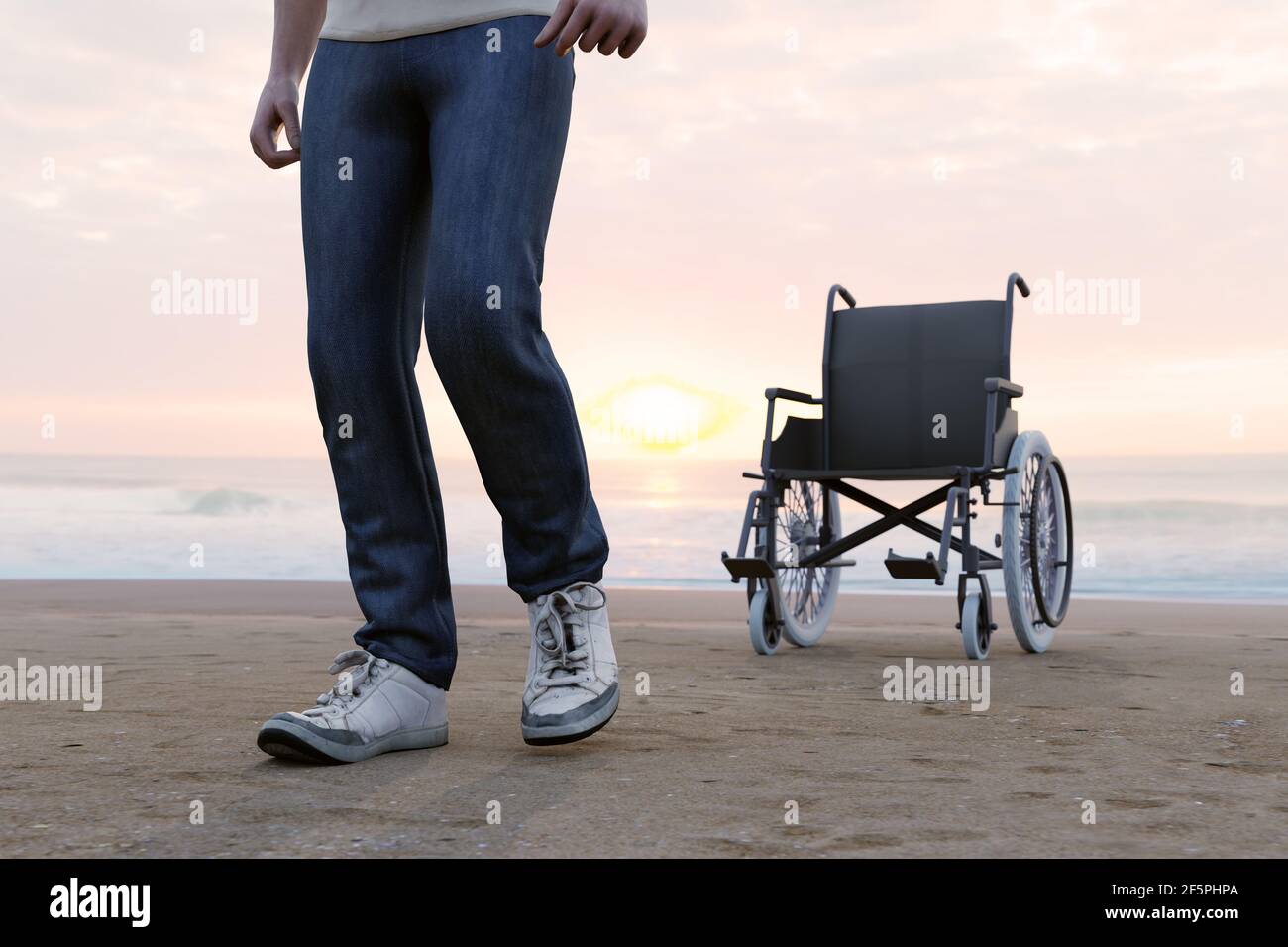 Person walking away from wheelchair, disability or injury recovery ...