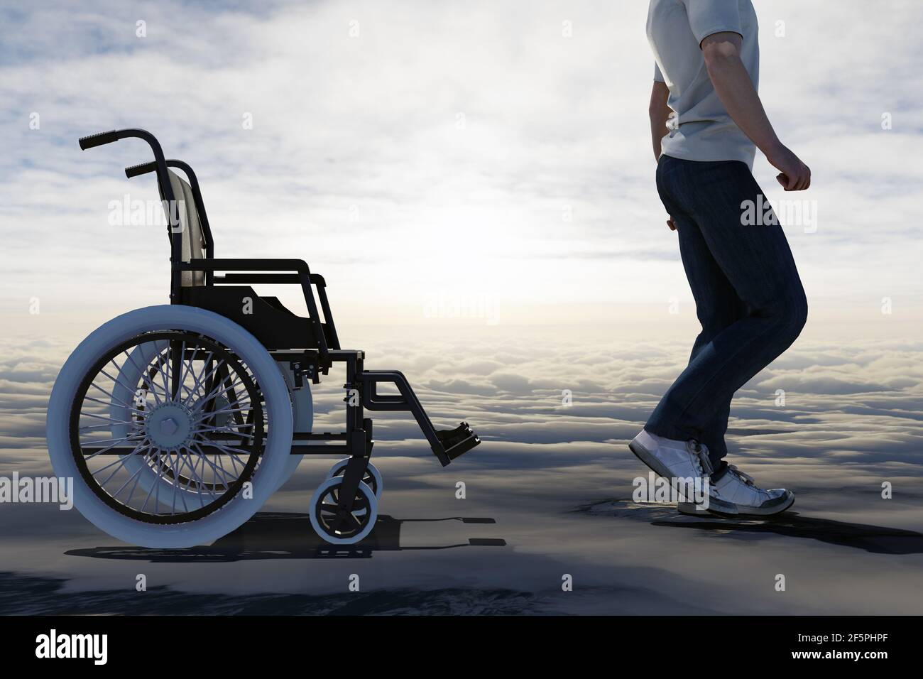 Person walking away from wheelchair, disability or injury recovery ...