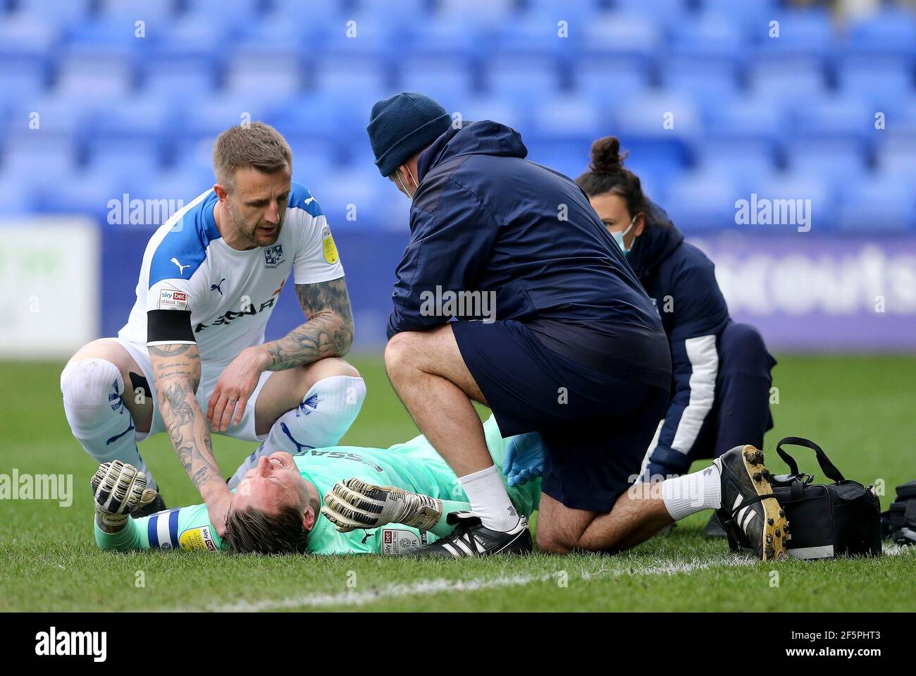 Tranmere Rovers Goalkeeper Scott Davies receives treatment after ...