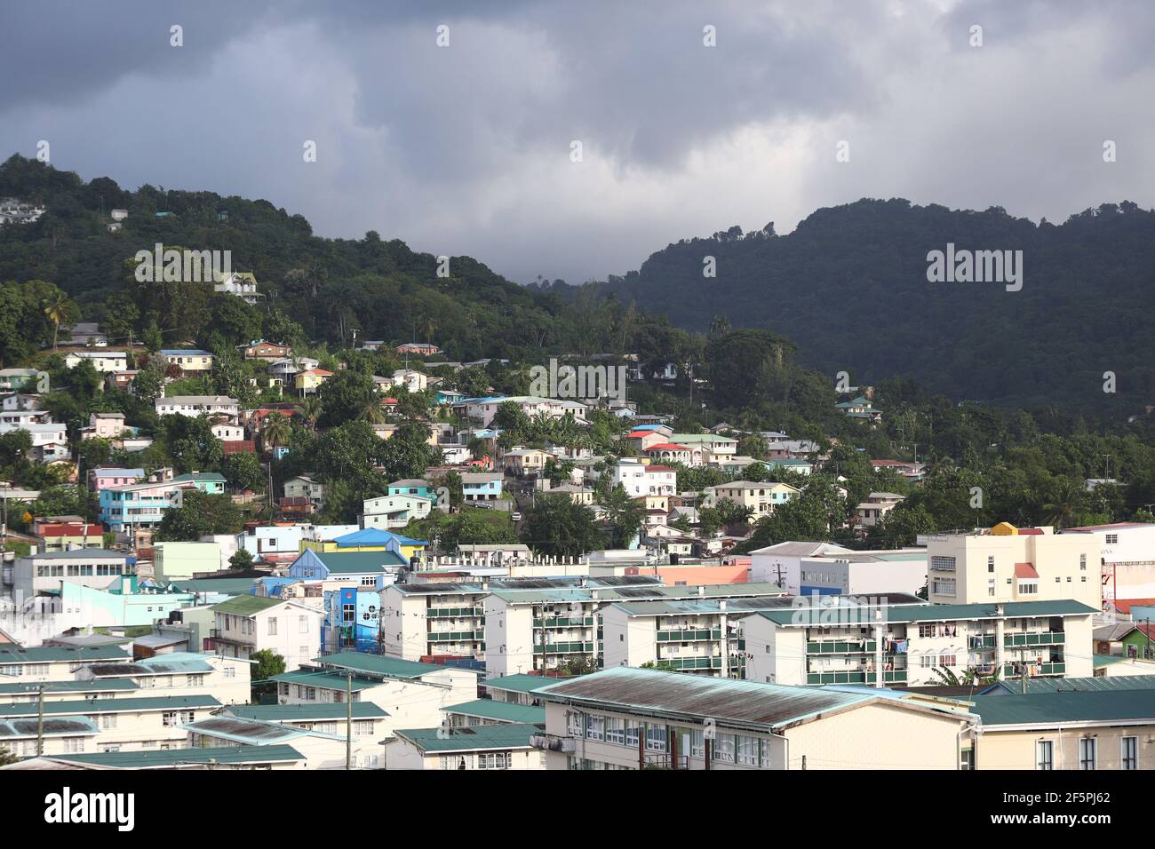 View across Castries town towards the tropical rain forests of St ...