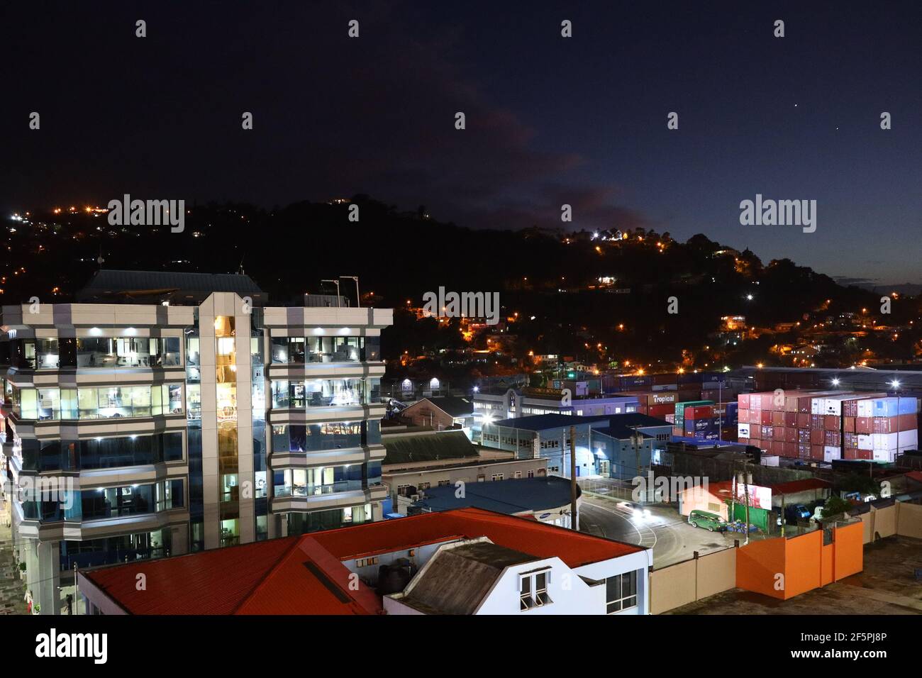 Hillside dwellings of Castries St. Lucia at night as viewed from the ...