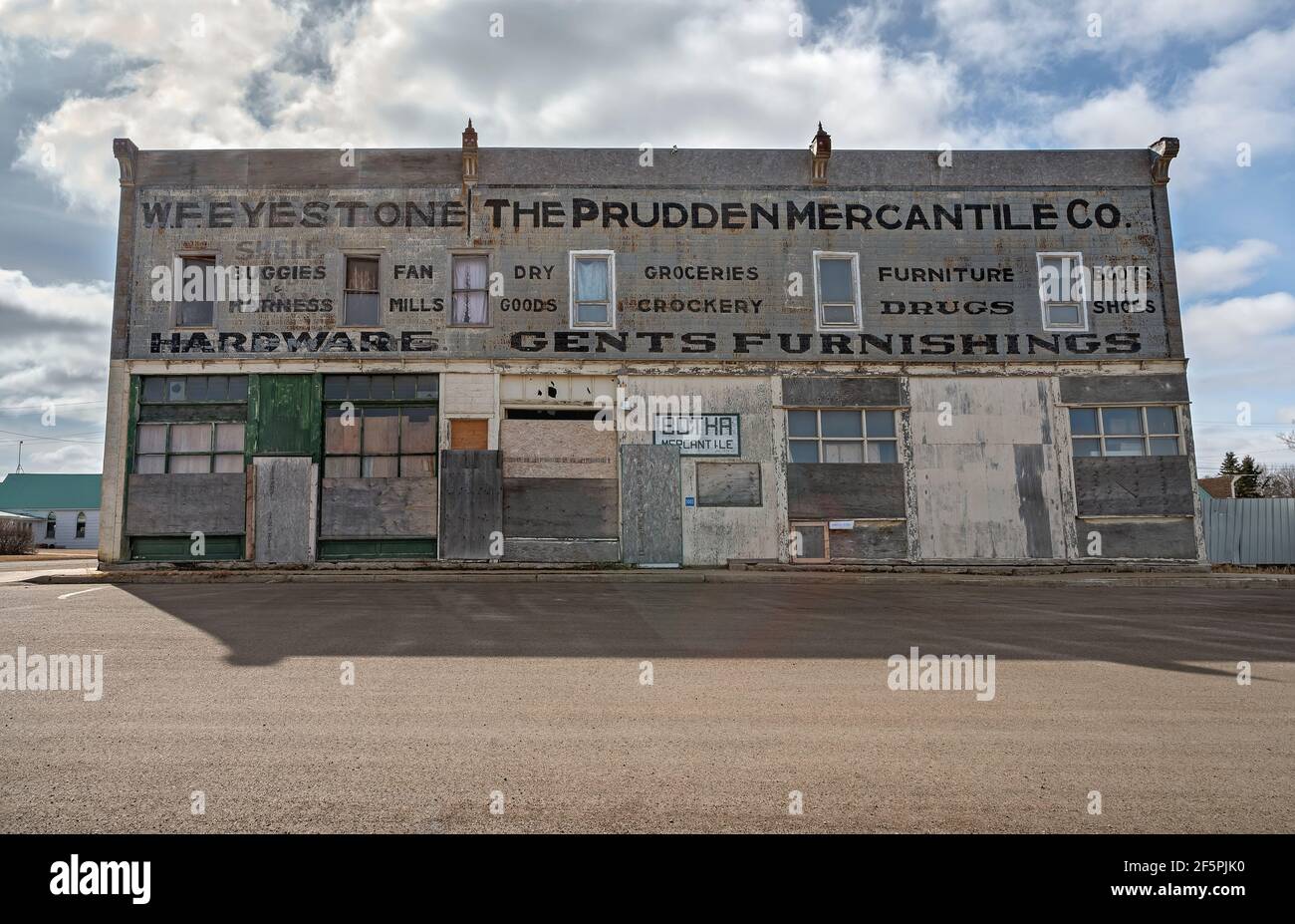 Botha, Alberta, Canada – March 25, 2021: Exterior view of the abandoned ...
