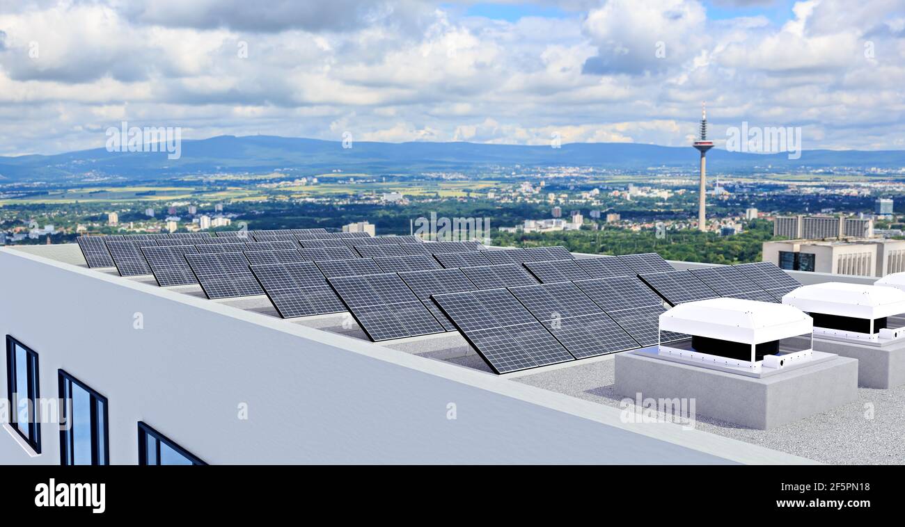 solar power panels installation on the roof of a high-rise building, 3D ...