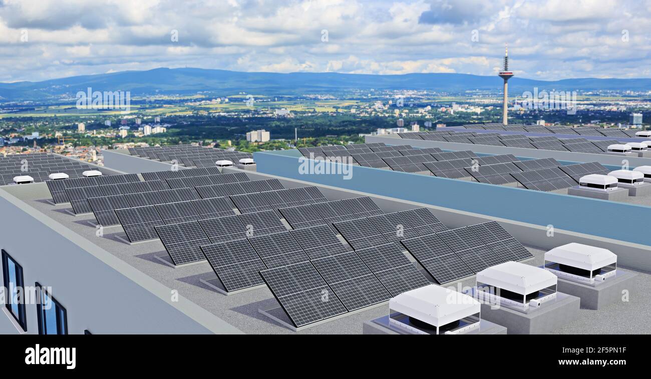 solar power panels installation on the roof of a high-rise building, 3D ...