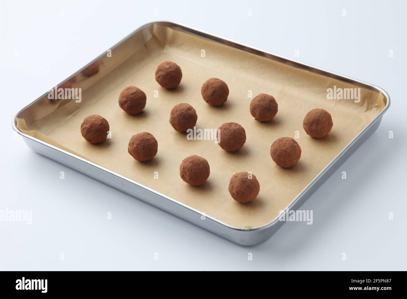 chocolate truffles on silver plate on white background Stock Photo - Alamy