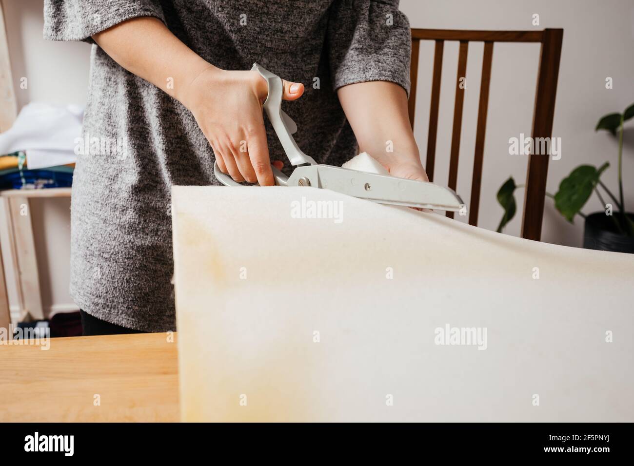Young adult woman cutting chunk of foam rubber Stock Photo - Alamy