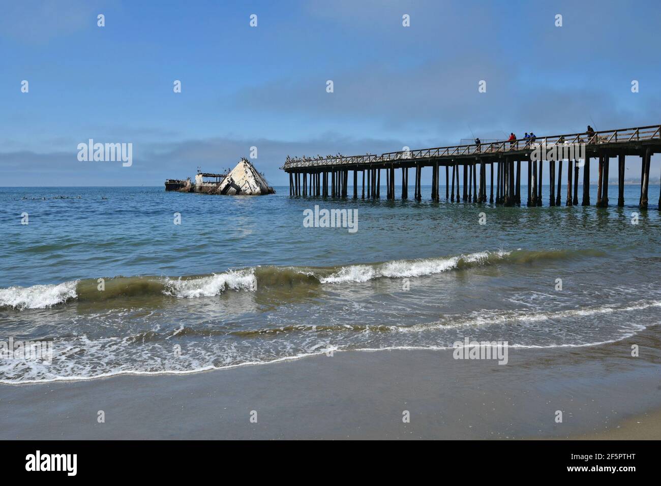 Landscape with view of Seacliff Beach wooden Pier and SS Palo Alto a ...
