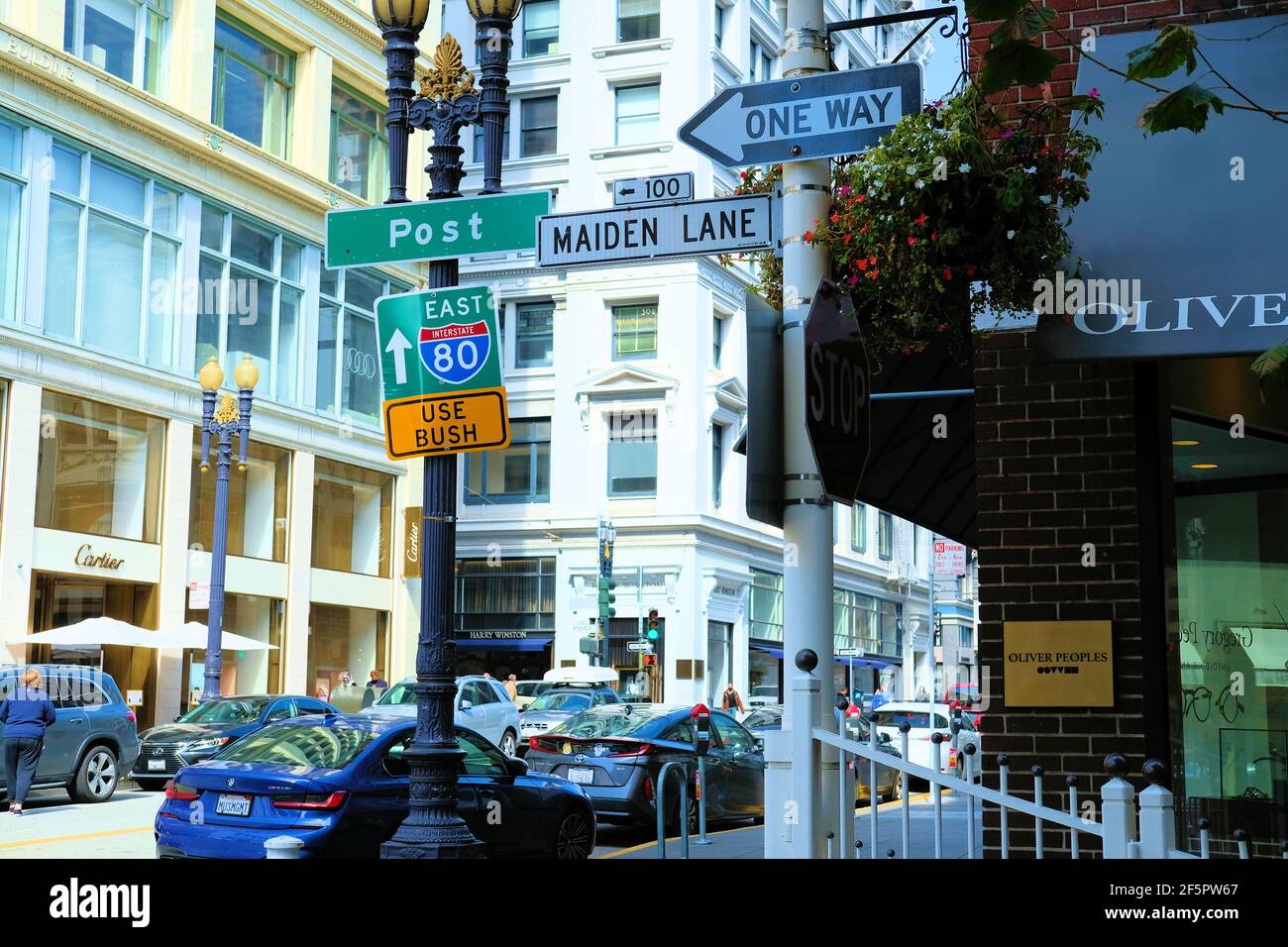 Maiden Lane, Post Street, One Way, and Interstate 80 East street signs ...