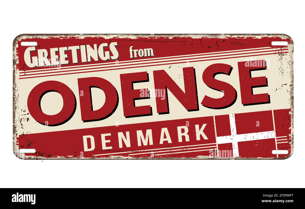 Greetings from Odense vintage rusty metal plate on a white background, vector illustration Stock ...
