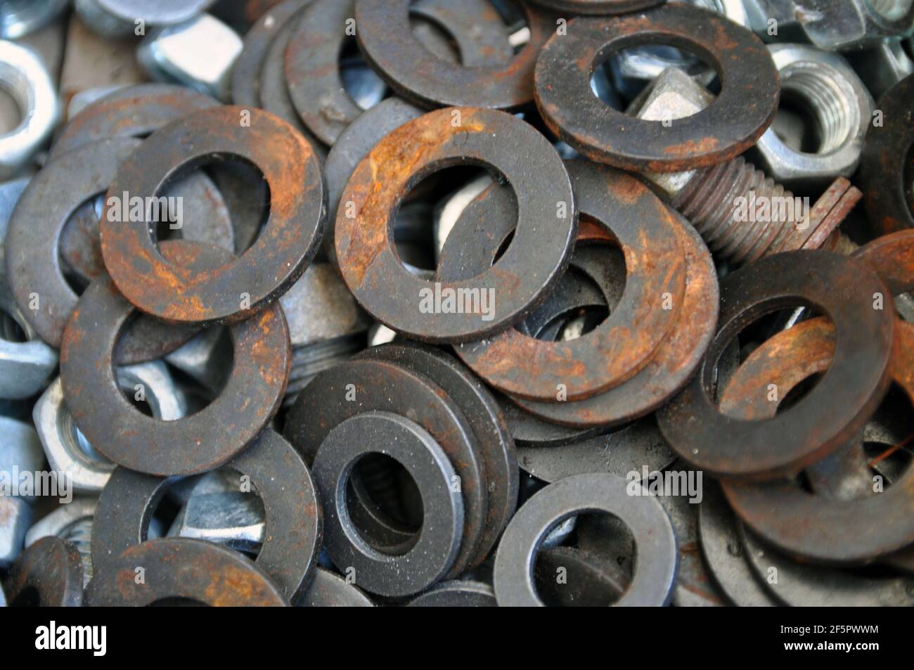 A set of mounting washers. Flat metal washer. Background, texture Stock ...