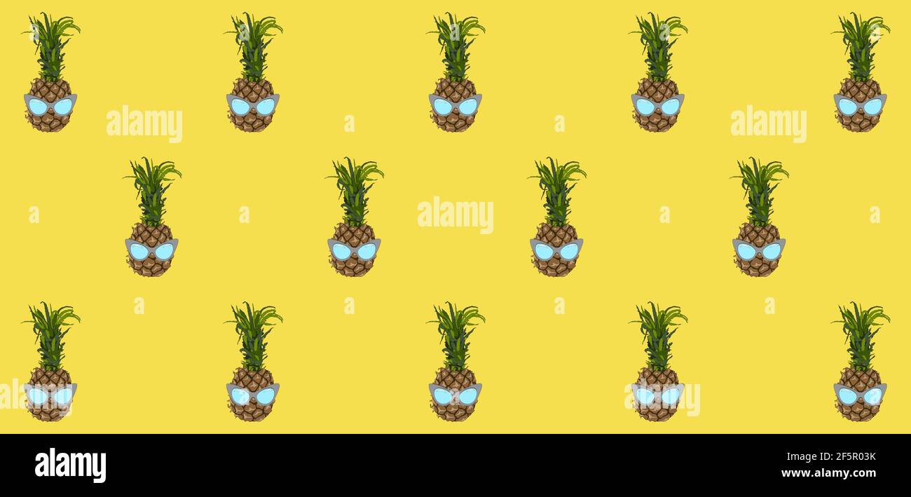 Pattern with pineapple fruit in a sunglasses - on an pastel yellow ...