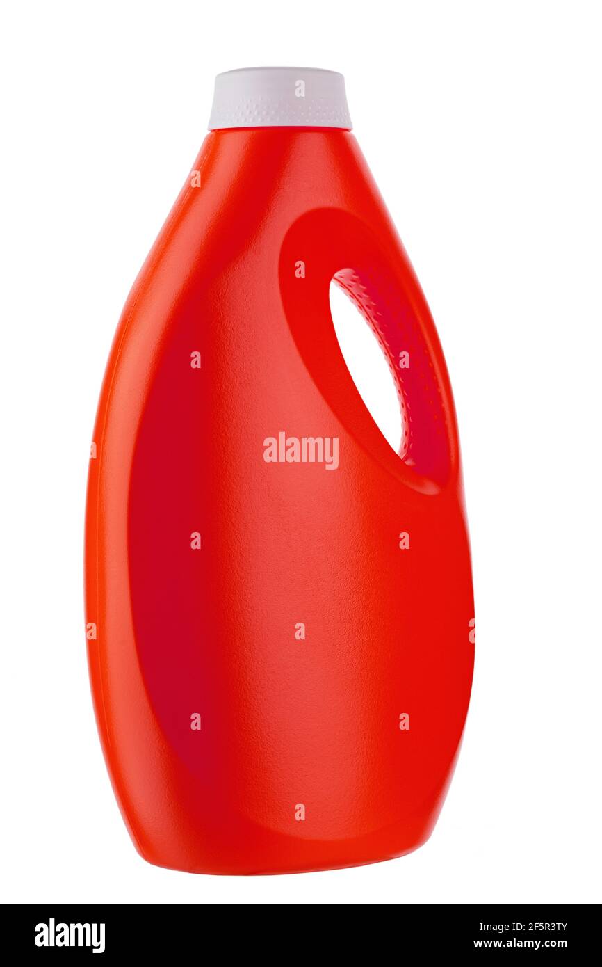 Red plastic bottle for liquid laundry detergent, cleaning agent, bleach ...