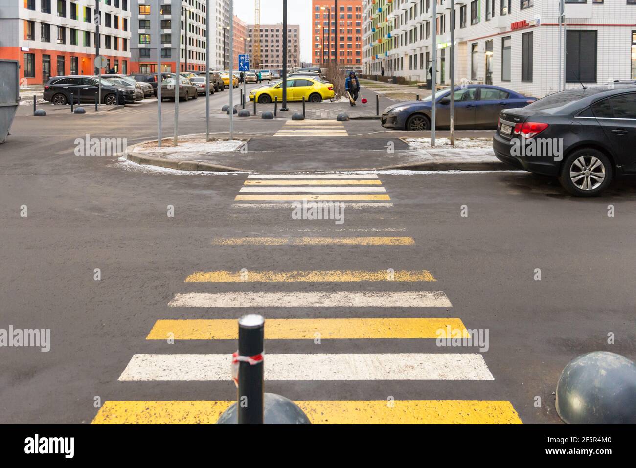 Moscow. Russia. Winter 2020. Pedestrian crosswalk inside the block. A ...
