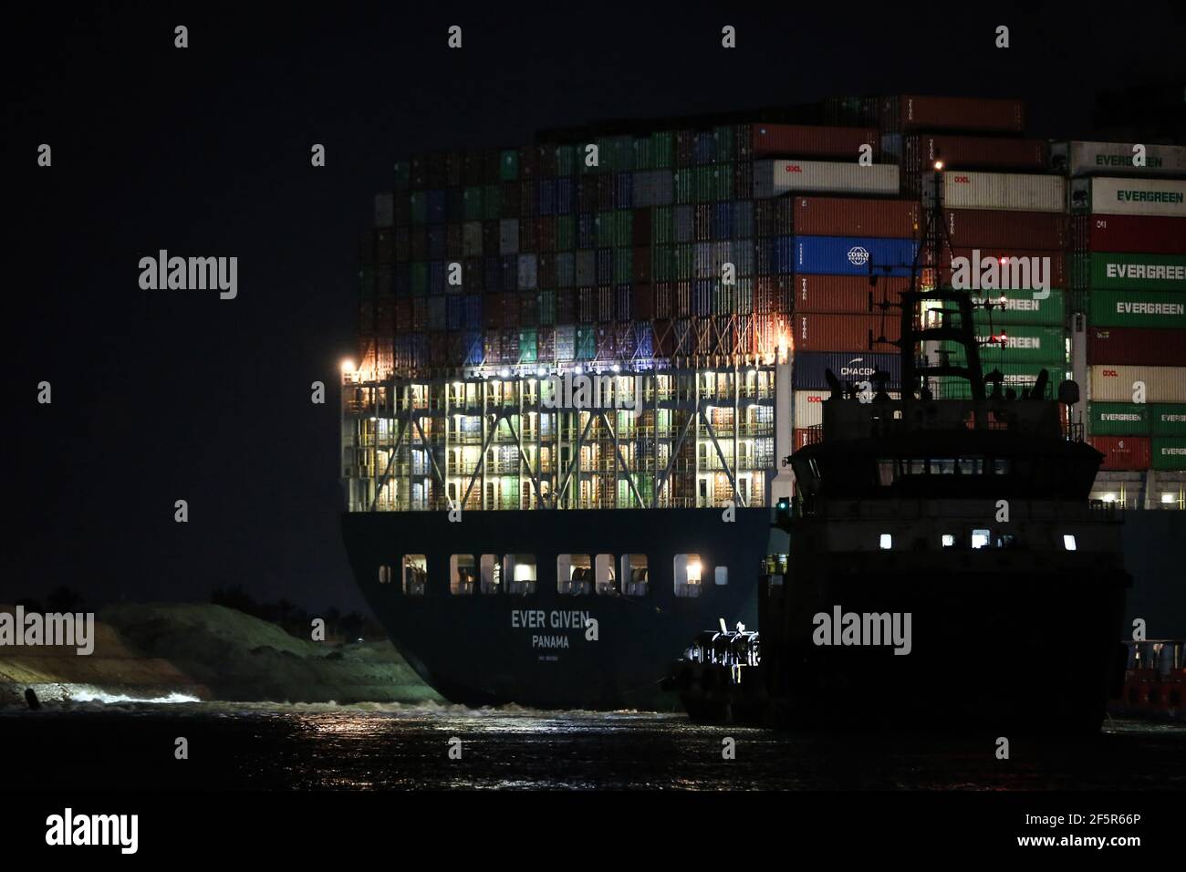 27 March 2021, Egypt, Suez: A general view of "Ever Given", a container ...