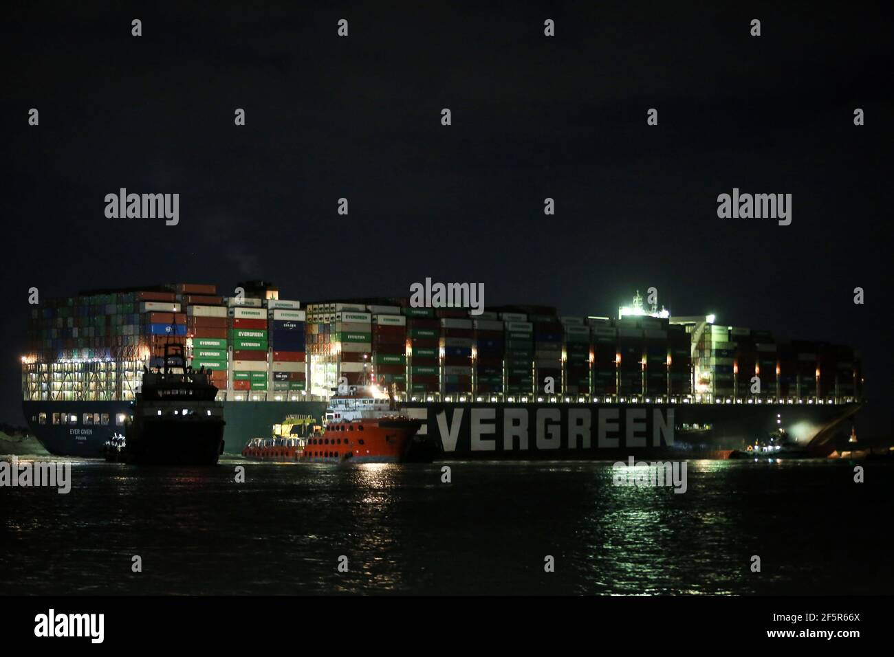27 March 2021, Egypt, Suez: A general view of "Ever Given", a container ...