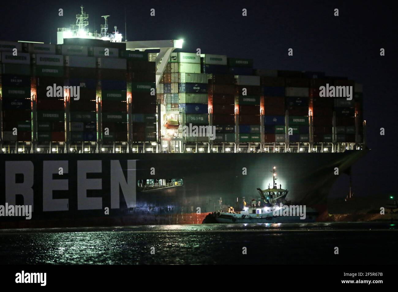 27 March 2021, Egypt, Suez: A general view of "Ever Given", a container ...
