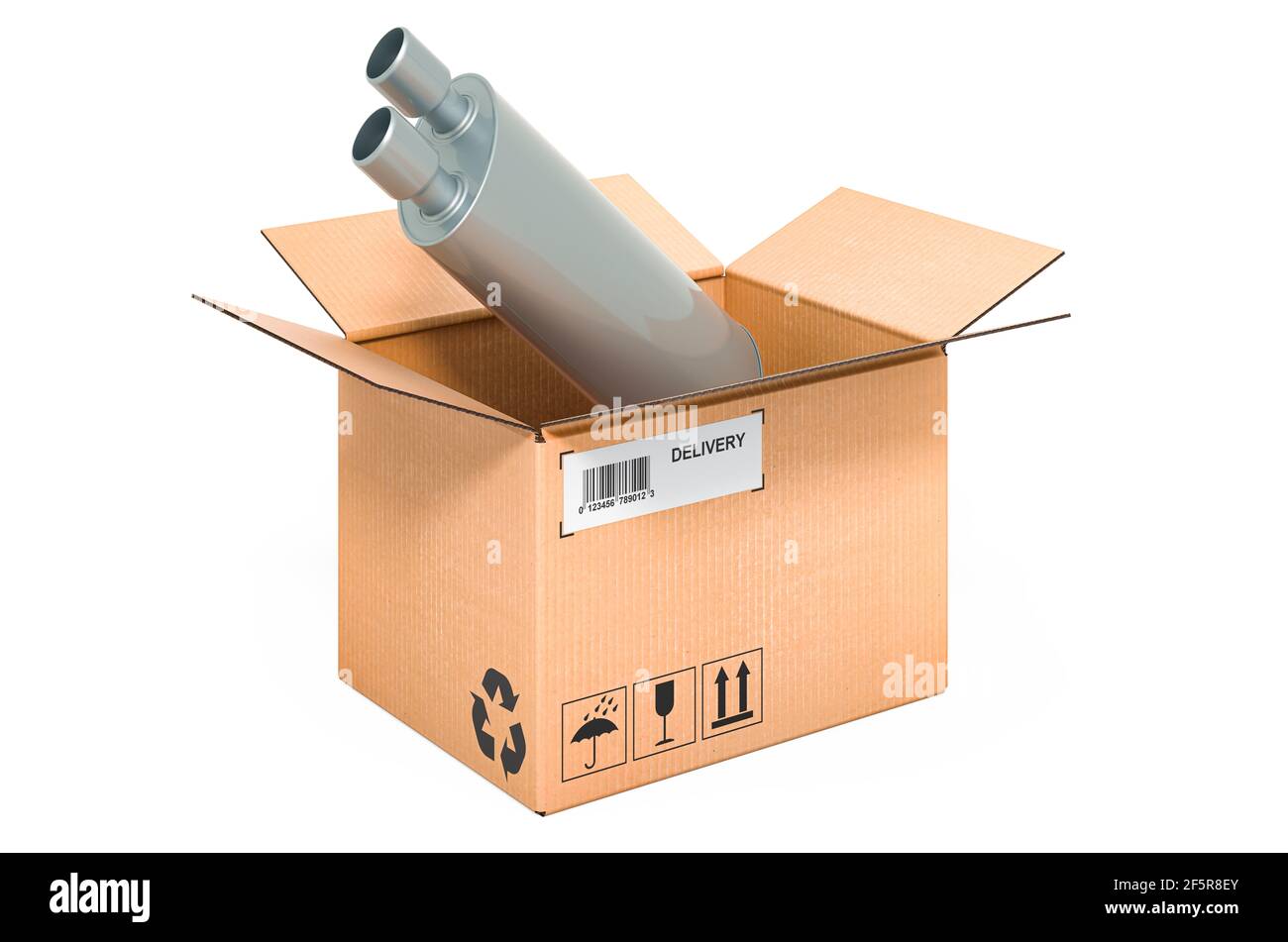 Car Exhaust Pipe inside cardboard box, delivery concept. 3D rendering ...