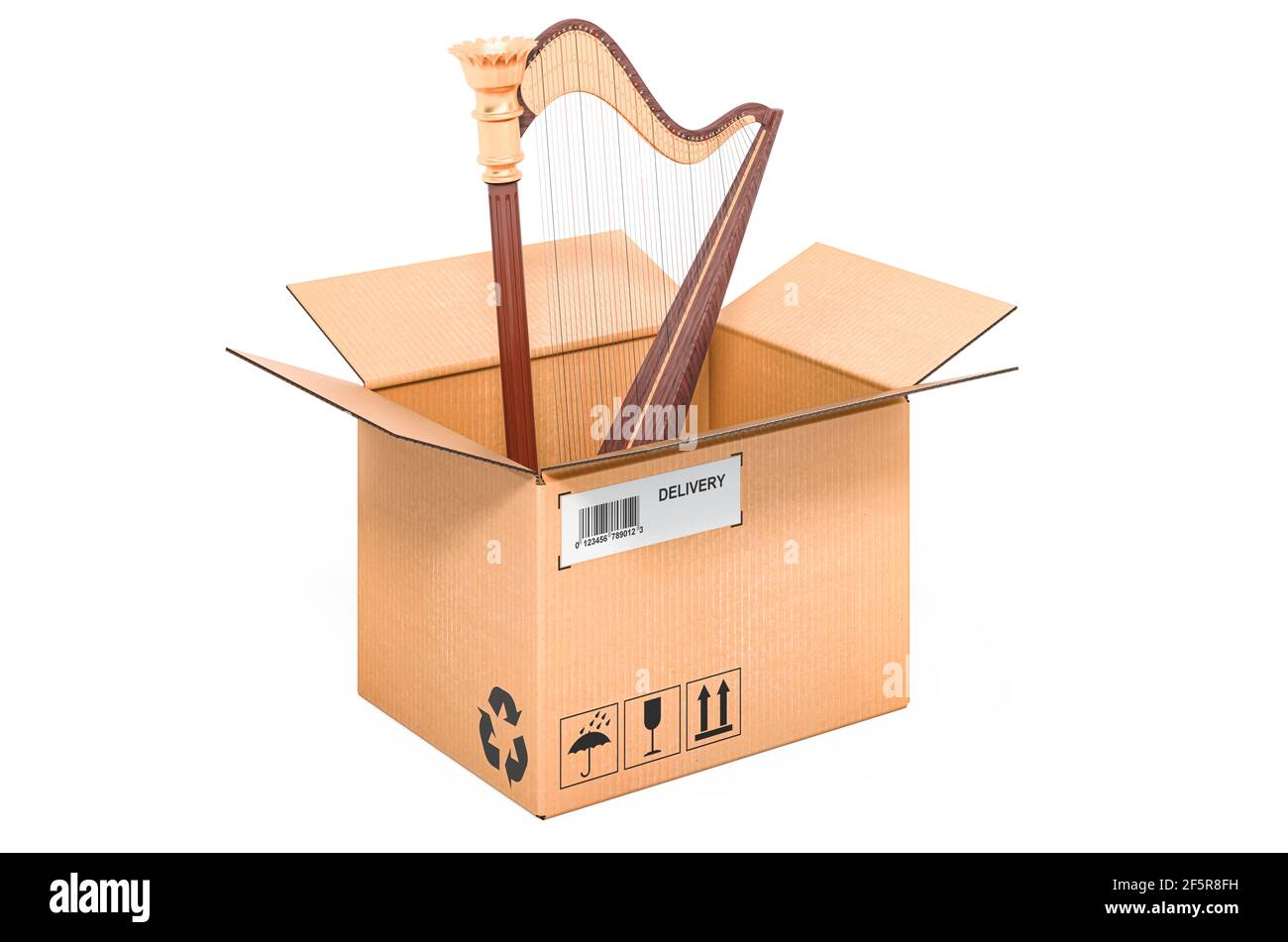 Harp inside cardboard box, delivery concept. 3D rendering isolated on ...