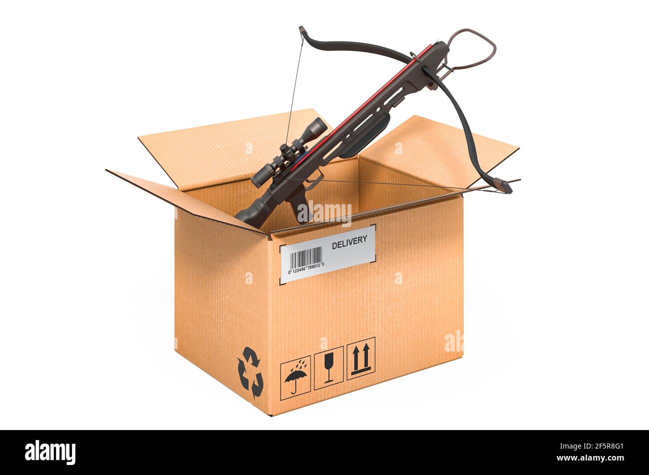Crossbow inside cardboard box, delivery concept. 3D rendering isolated ...