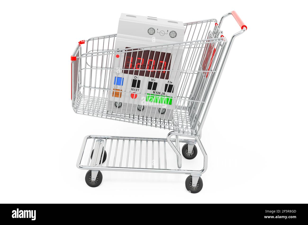 Shopping cart with digital timer switch, 3D rendering isolated on white ...