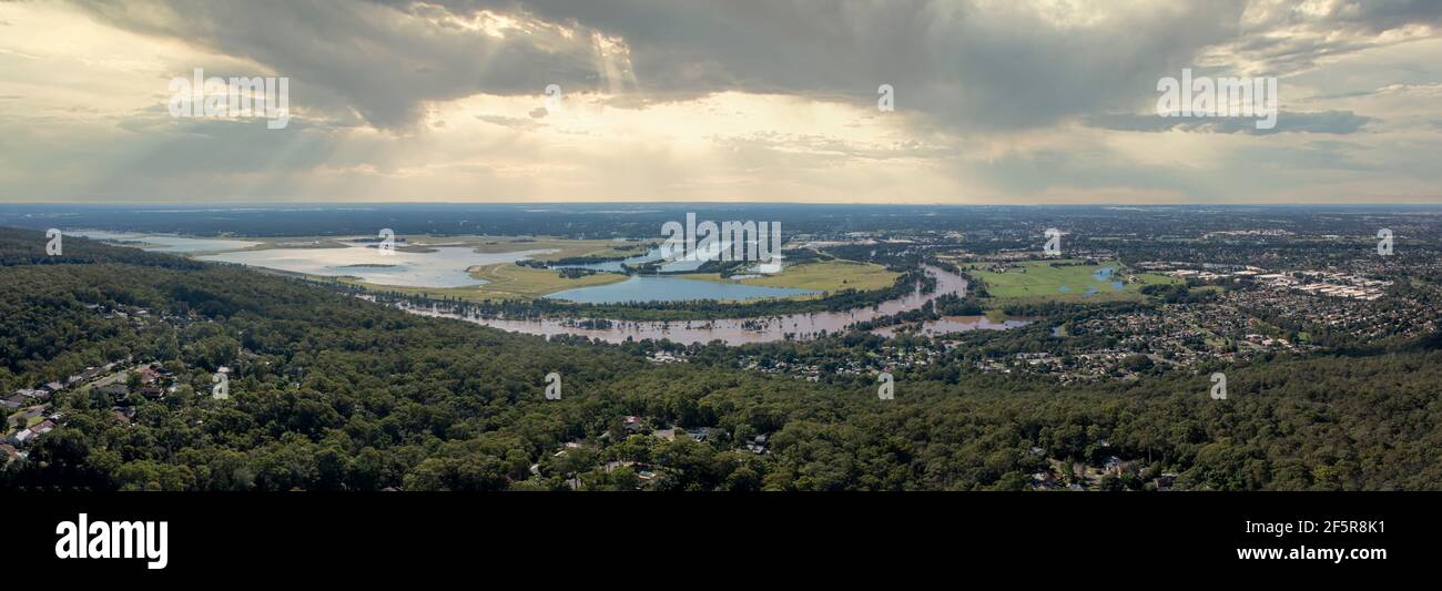 Aerial view of flooding of the Nepean River and the Sydney ...