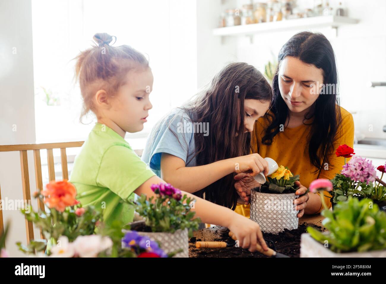 Mother teaches kids to take care of flowers and plants Stock Photo - Alamy