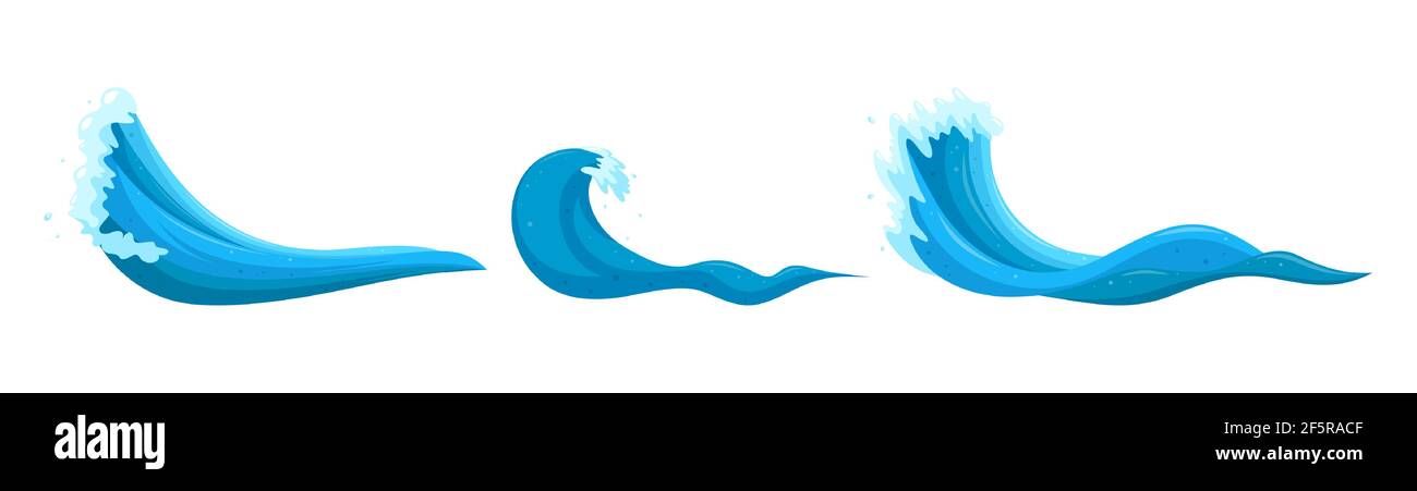 Flooding tsunami waves set. Rising water for big wave surfing. Cartoon ...