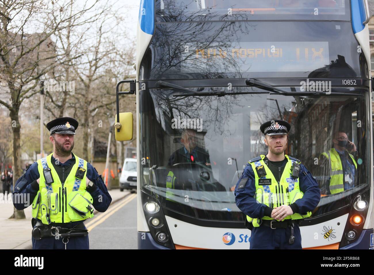 Manchester, UK. 27th March, 2021. Hundreds of protesters took to the ...