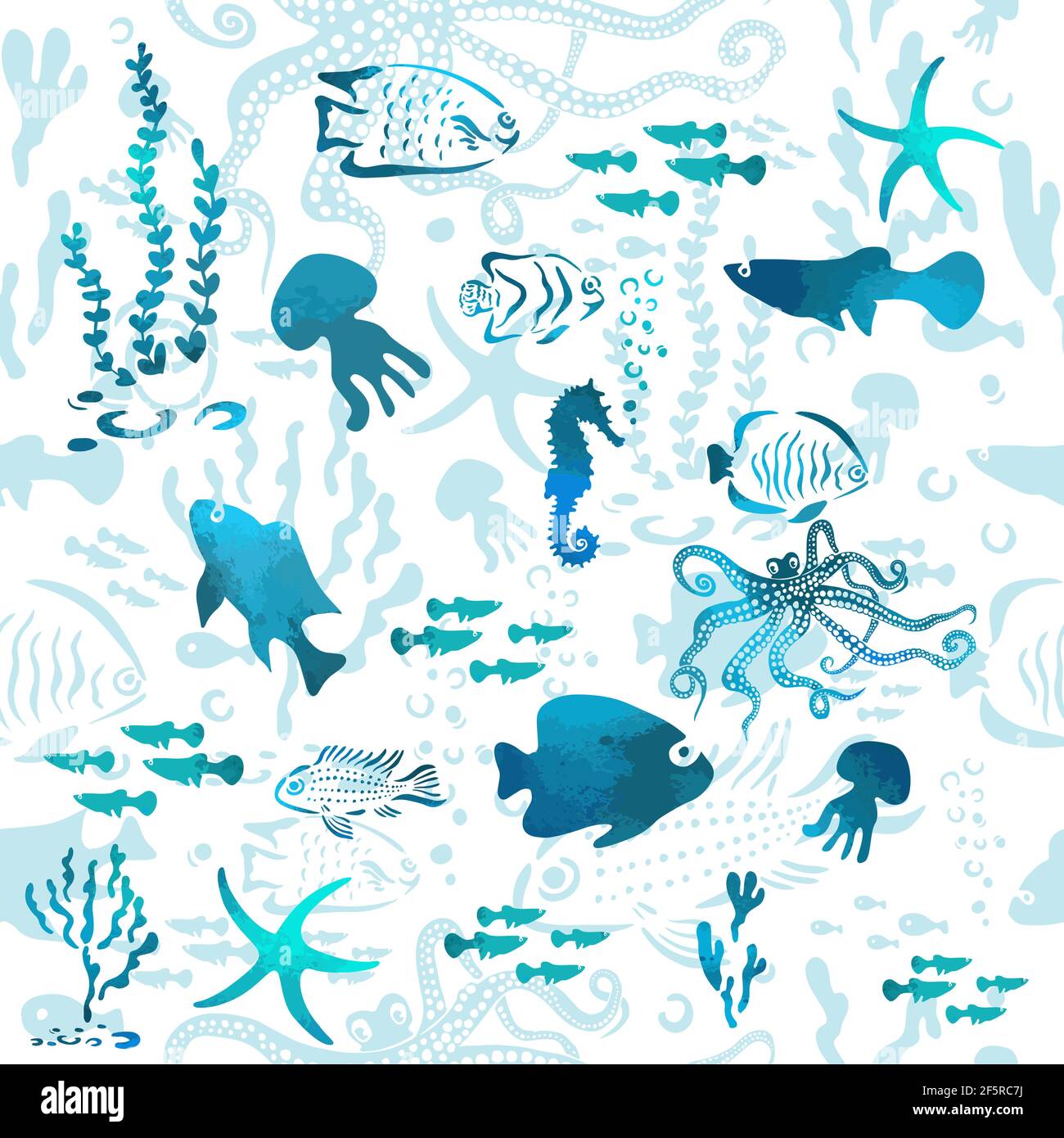 Marine animals blue seamless pattern. Vector illustration Stock Vector ...
