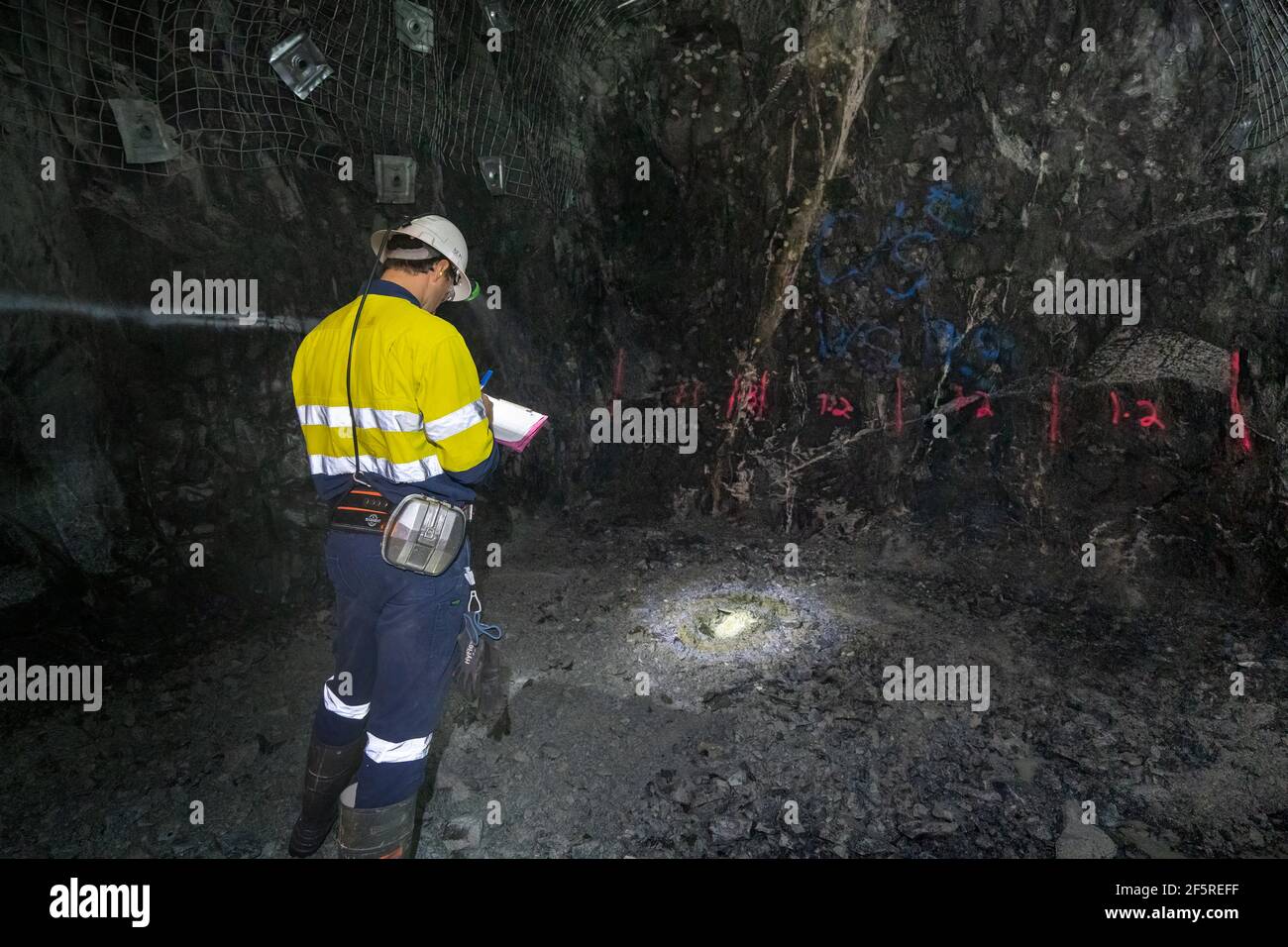 Geologist sampling ore and marking drilling instructions in underground ...