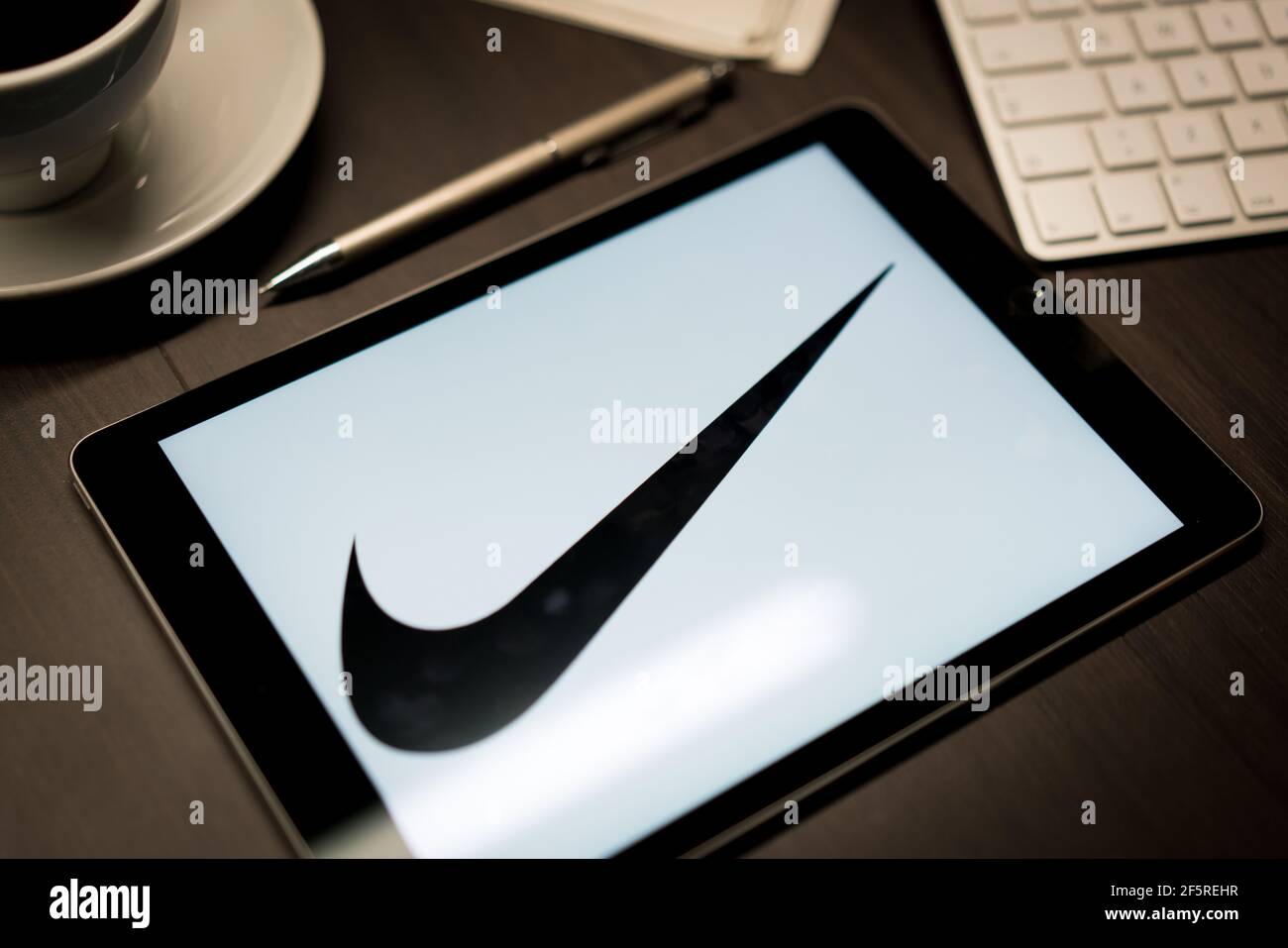 New York, New York / USA - 11 11 2019: Logo of Nike on the iPad Air2 in ...