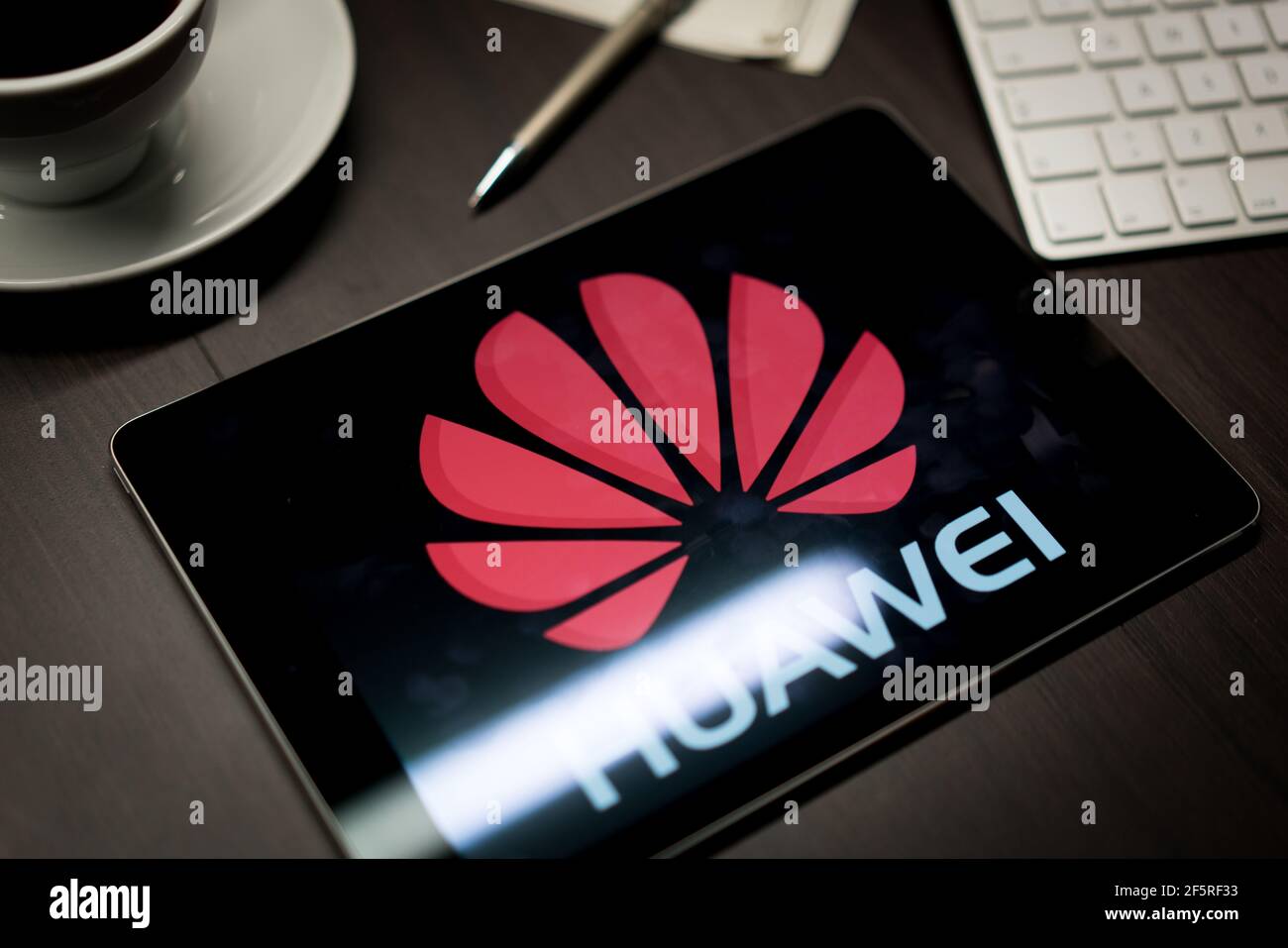 New York, New York / USA - 11 11 2019: Logo of Huawei on the iPad Air2 ...