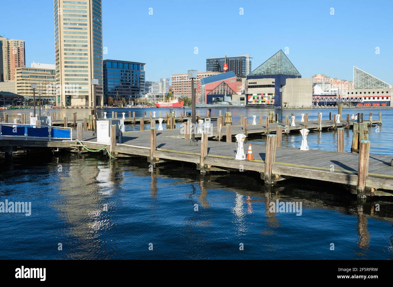 The Baltimore Skyline seen the Piers along the Inner Harbor Stock Photo ...
