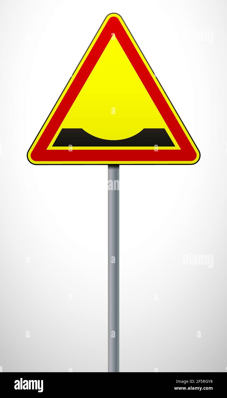 Warning road sign Pothole on the road. The sign on the post. Traffic ...