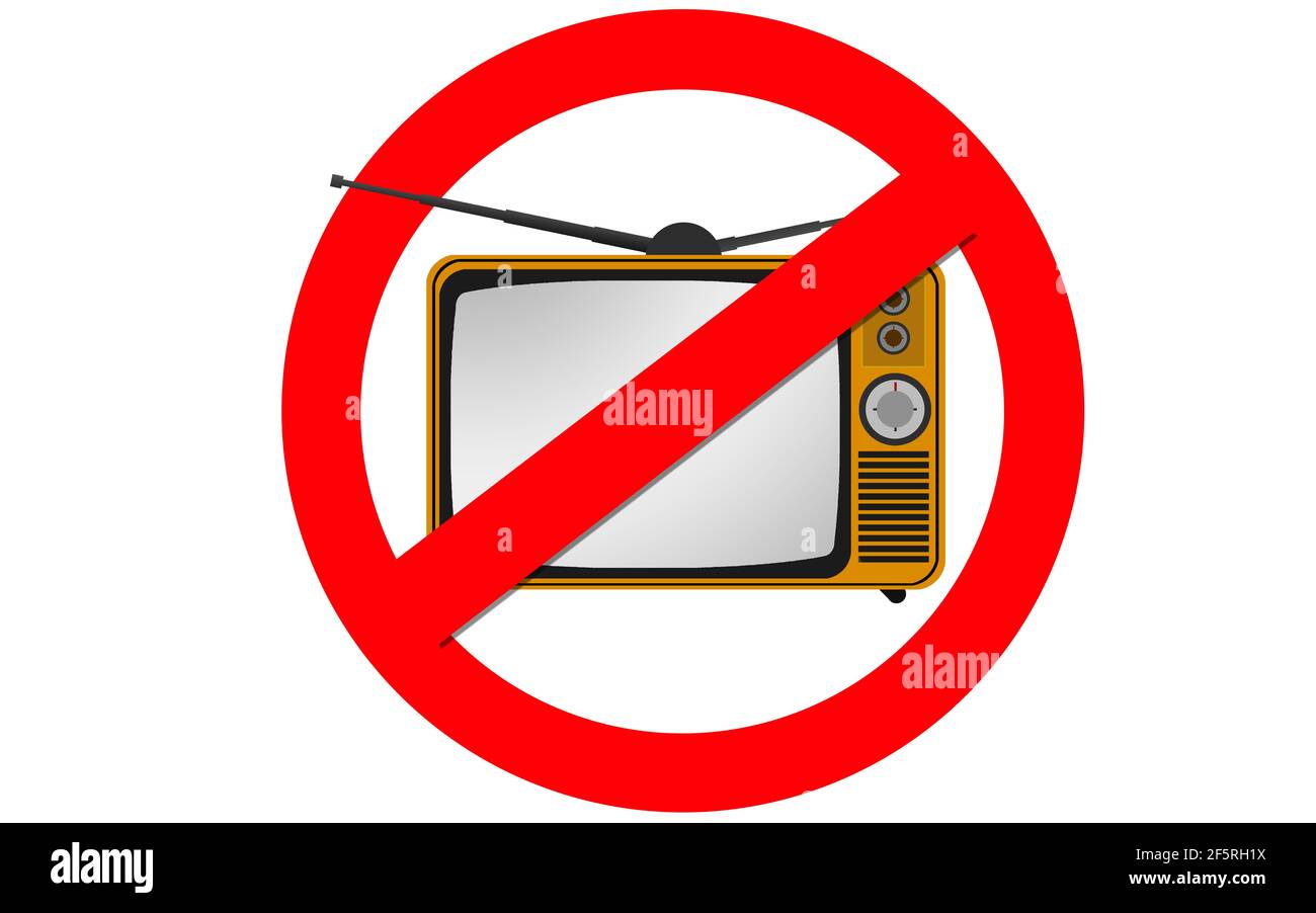 Illustration of a small TV icon with a red ban icon on it isolated on a ...