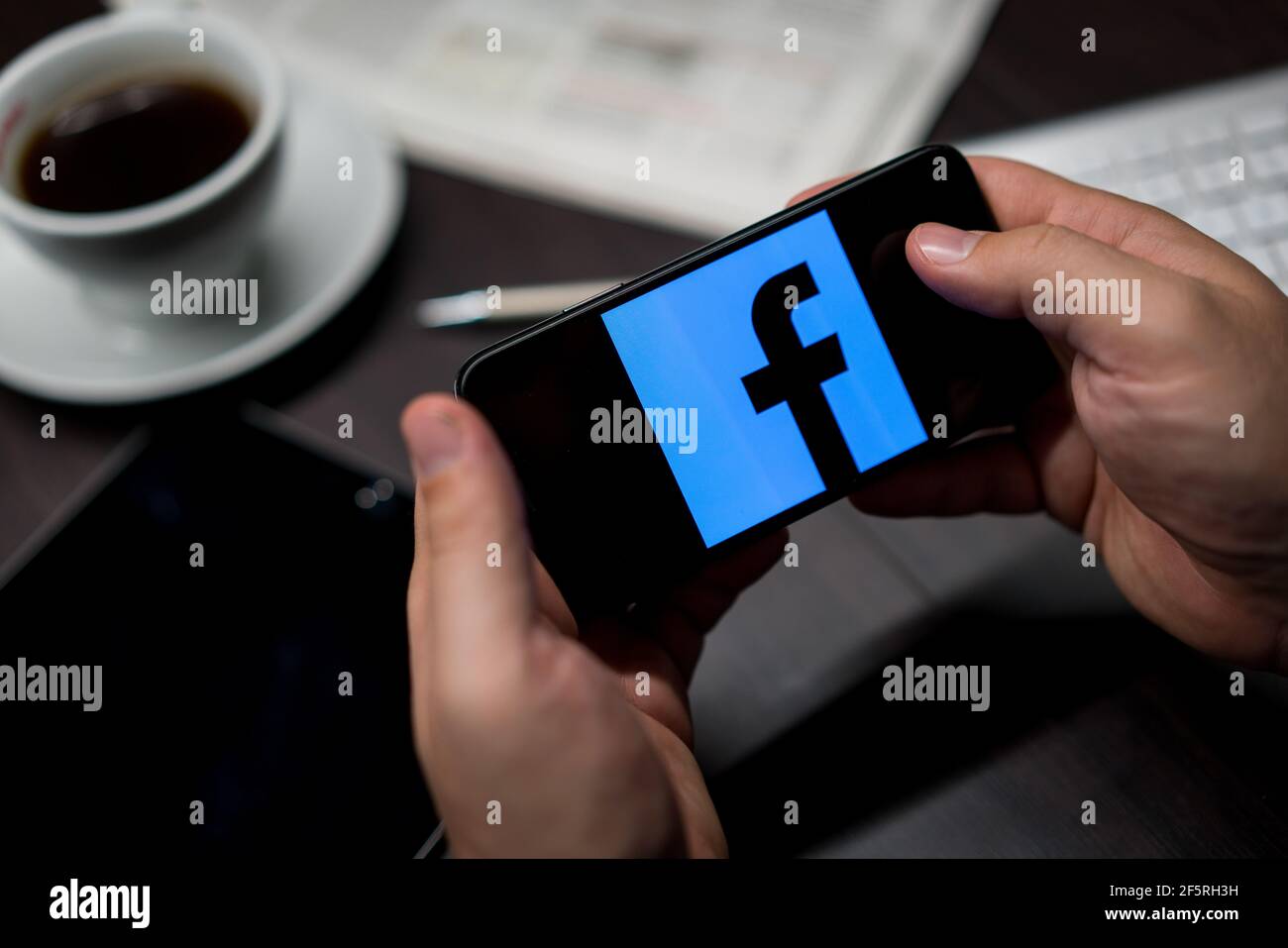 New York, New York / USA - 11 11 2019: Logo of Facebook on the iPhone X ...