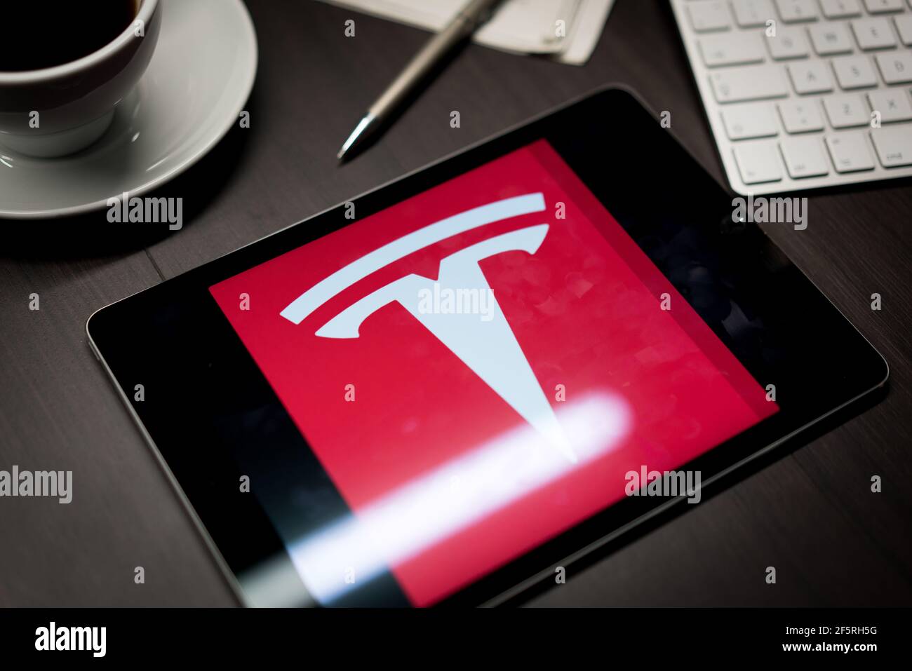 New York, New York / USA - 11 11 2019: Logo of Tesla on the iPad Air2 ...