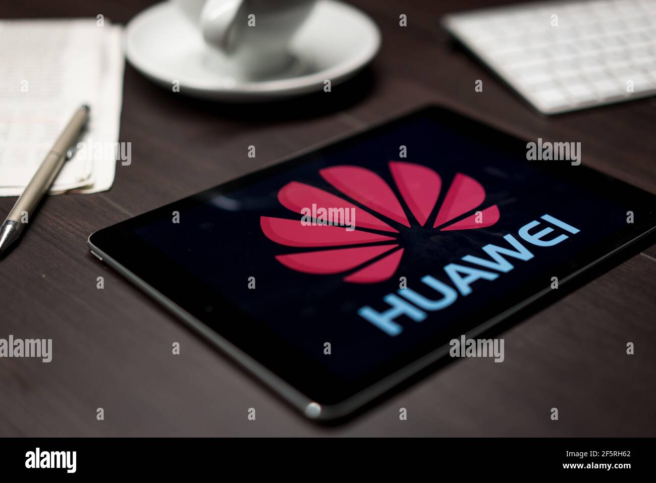 New York, New York / USA - 11 11 2019: Logo of Huawei on the iPad Air2 ...