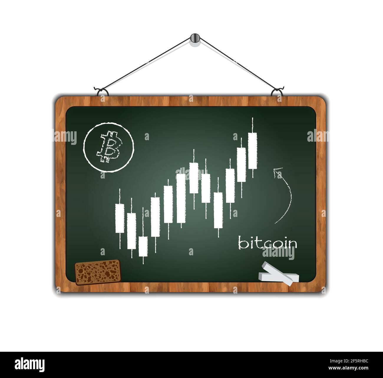 Bitcoin chalk symbol and chart on school blackboard with wooden frame ...