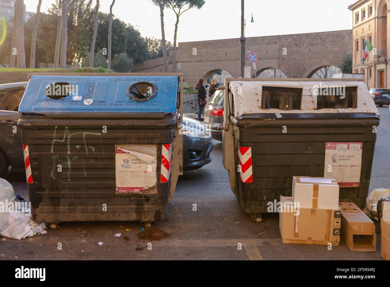 Rome, Italy. Spring 2020. Dumpsters on the streets of Rome. Separate ...