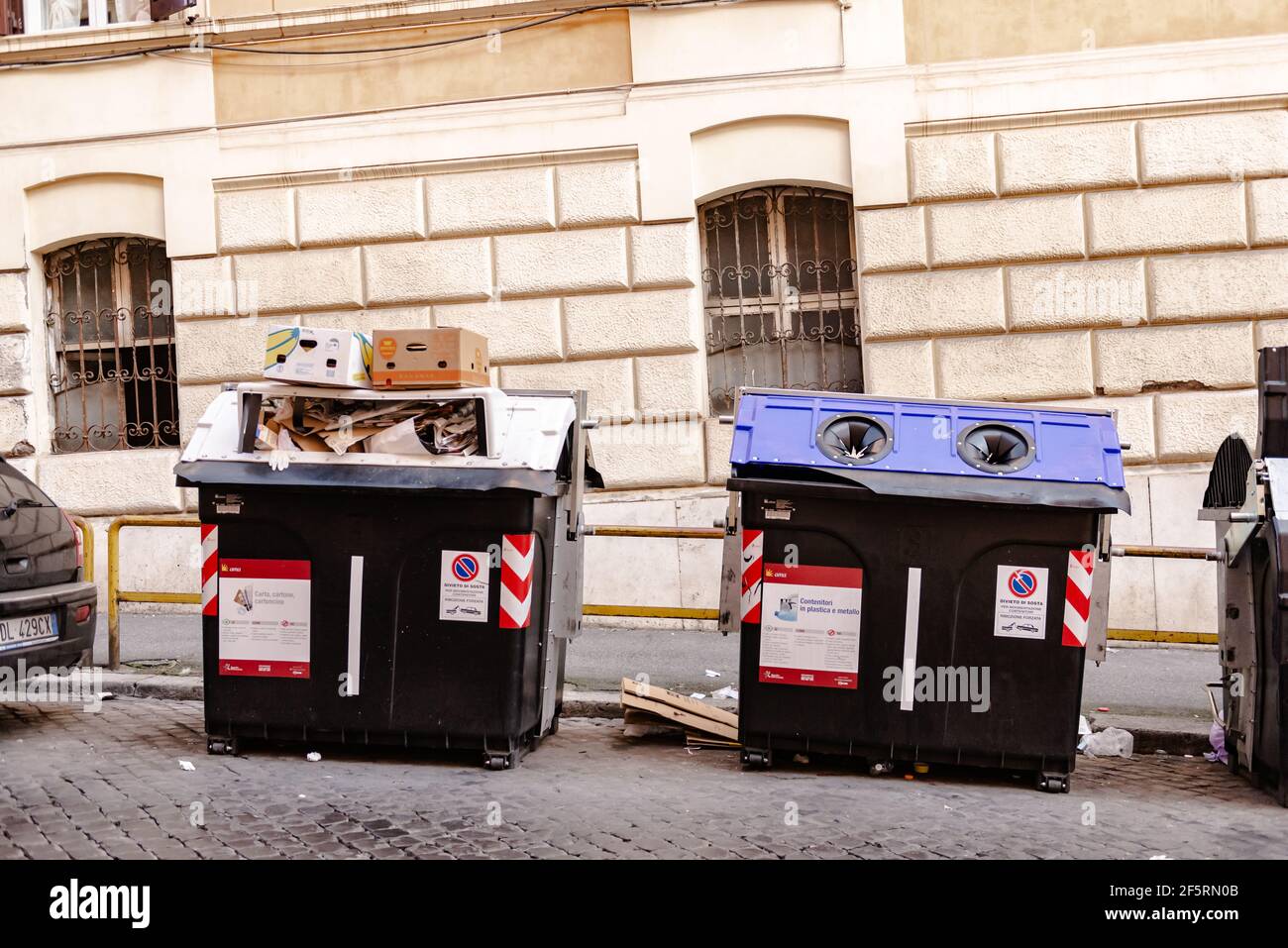 Rome, Italy. Spring 2020. Dumpsters on the streets of Rome. Separate ...