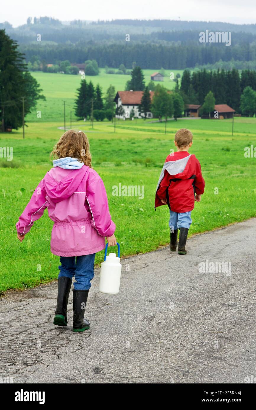 Back view of unrecognizable kids with milk can walking on asphalt road ...