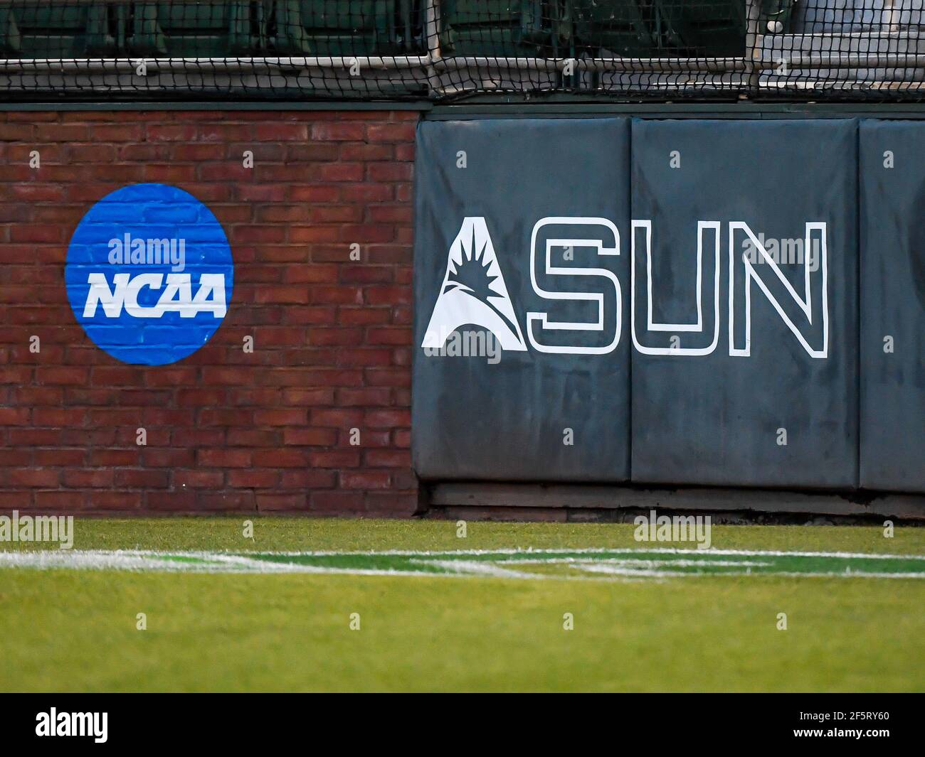 Deland, FL, USA. 27th Mar, 2021. NCAA and ASUN banner behind home plate ...