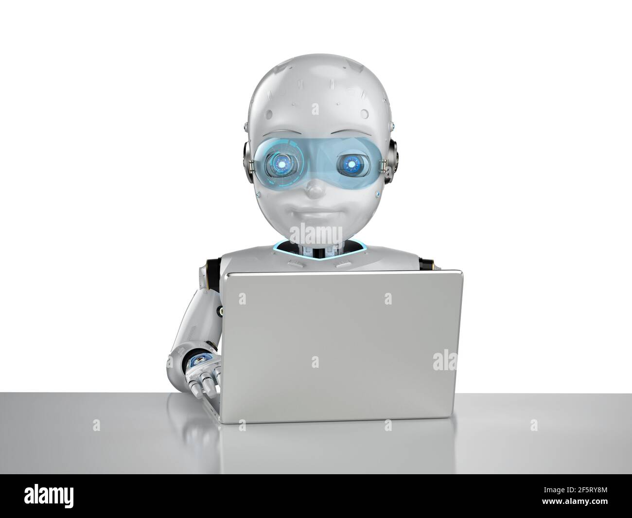 Automation office worker concept with 3d rendering cute robot work with computer notebook ...