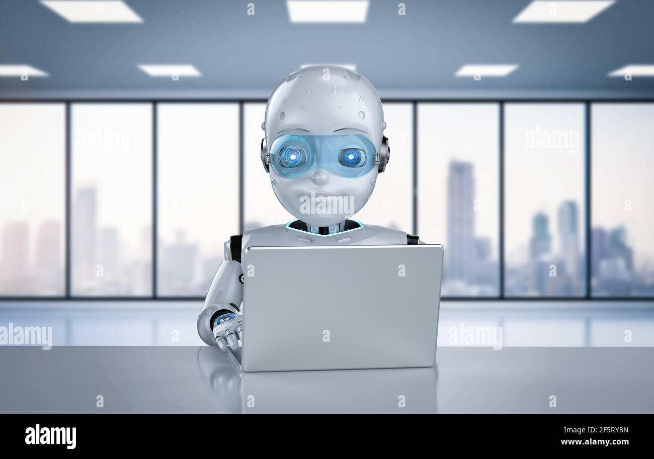 Automation office worker concept with 3d rendering cute robot work with ...
