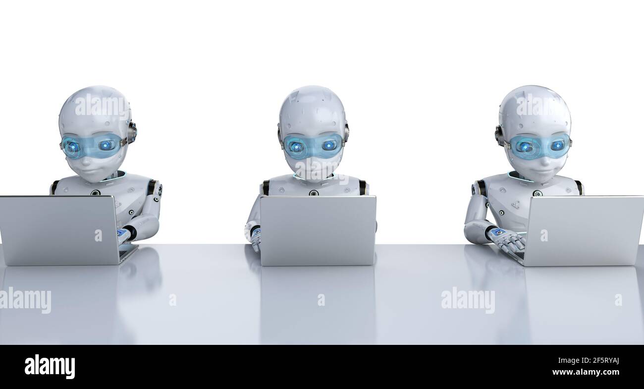 Automation office workers concept with 3d rendering group of cute robots work with computer ...
