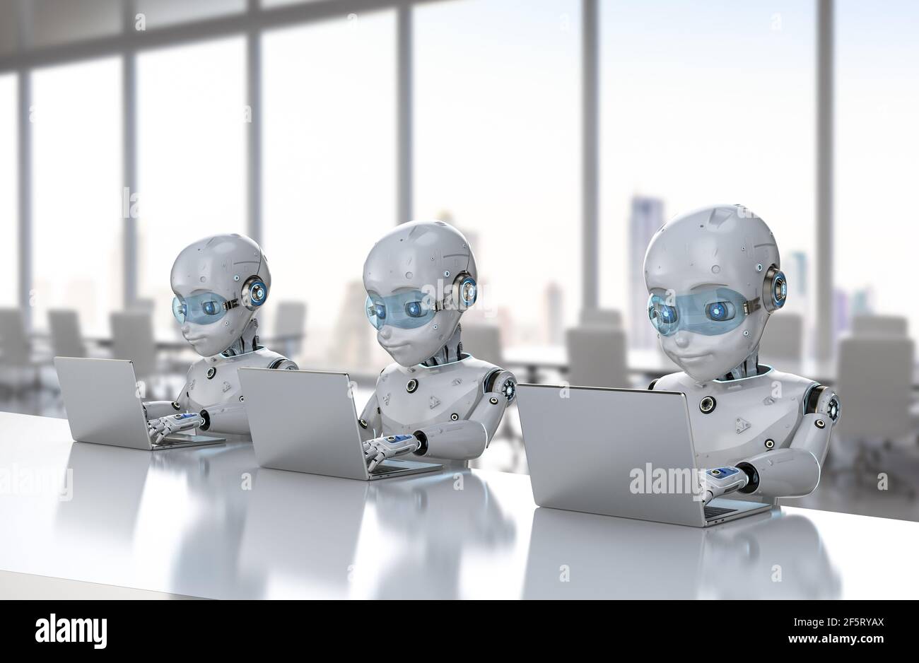 Automation office worker concept with 3d rendering group of cute robots ...