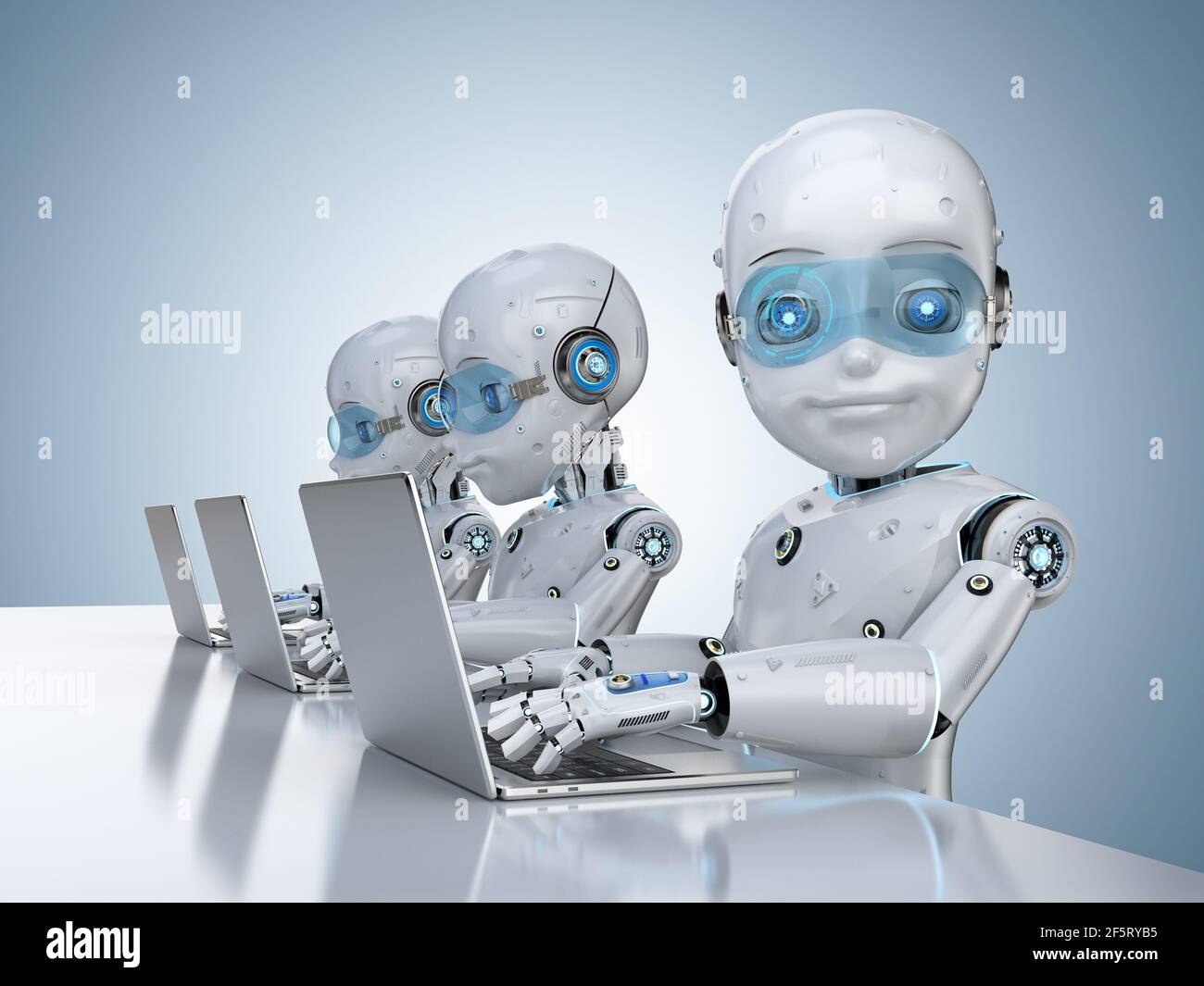 Automation office worker concept with 3d rendering group of cute robots work with computer ...