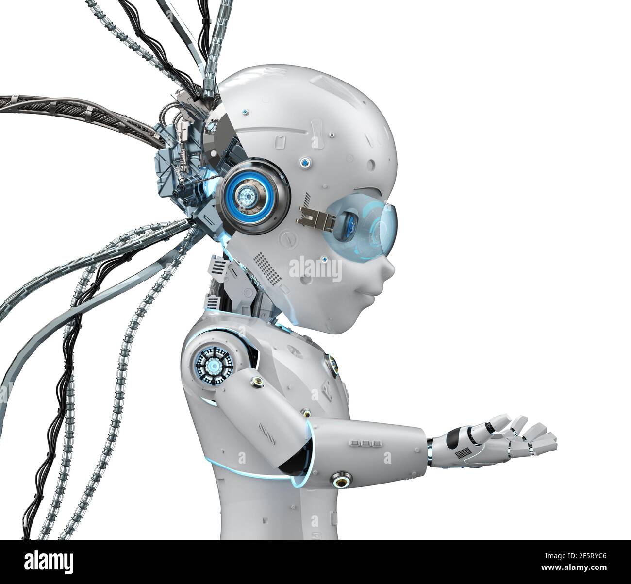 3d rendering cute robot or artificial intelligence robot with wires and ...