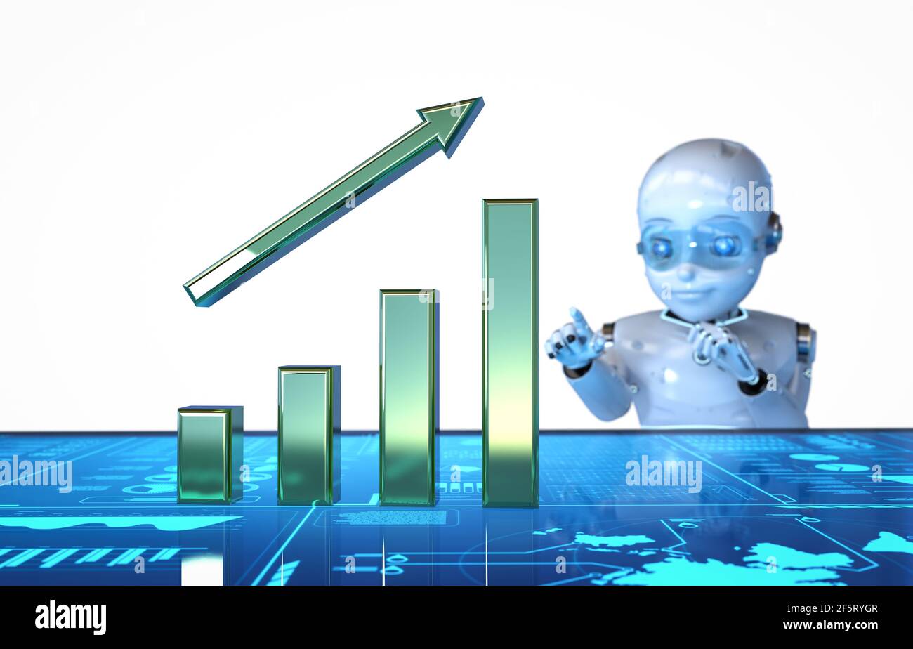 3d rendering cute robot work with growth bar graph display Stock Photo ...